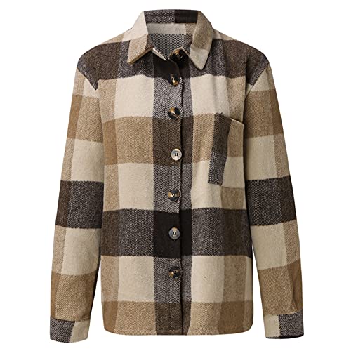 Plaid Shacket Jacket for Women Fall Winter Cute V Neck Long Sleeve Button Down Blouses Tops Flannel Outerwear Jackets Coats