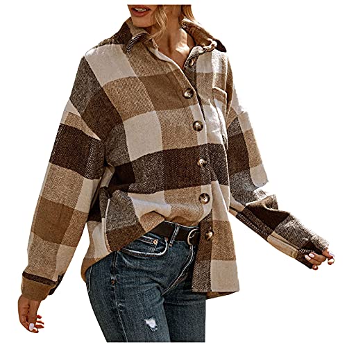 Plaid Shacket Jacket for Women Fall Winter Cute V Neck Long Sleeve Button Down Blouses Tops Flannel Outerwear Jackets Coats