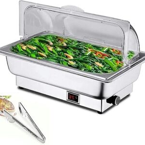 Food Warmer, Chafing Dish Stainless Steel Chafing Dishes, 9L Buffet Server, Catering Food Warmers with 90° Half Clamshell for Parties, Buffets, Adjustable Temperature (1/2 Size Food PAN)