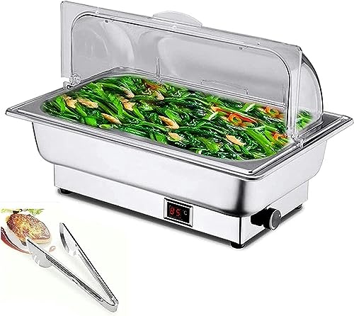 Food Warmer, Chafing Dish Stainless Steel Chafing Dishes, 9L Buffet Server, Catering Food Warmers with 90° Half Clamshell for Parties, Buffets, Adjustable Temperature (1/2 Size Food PAN)