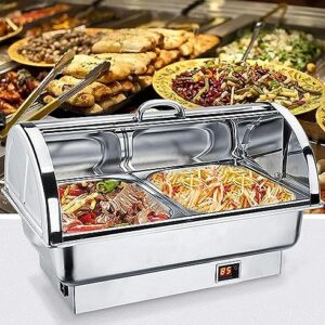 Food Warmer, Chafing Dish Stainless Steel Chafing Dishes, 9L Buffet Server, Catering Food Warmers with 90° Half Clamshell for Parties, Buffets, Adjustable Temperature (1/2 Size Food PAN)