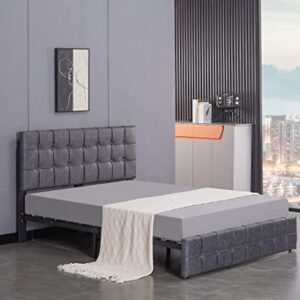 OPTOUGH Queen Size Upholstered Platform Bed Frame with Lights and Height Adjustable Headboard, Square Stitched Button Tech Cloth, No Box Spring Needed,Noise-Free,Grey