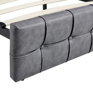 OPTOUGH Queen Size Upholstered Platform Bed Frame with Lights and Height Adjustable Headboard, Square Stitched Button Tech Cloth, No Box Spring Needed,Noise-Free,Grey