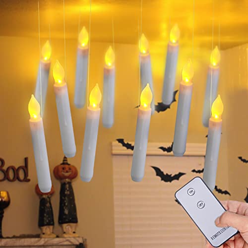 Halloween Decoration, Maigcal Floating Candles with Remote, Hanging Floating Taper Candles Flickering, Battery Operated Window Candles for Halloween Party Magic Scene Christmas Wedding