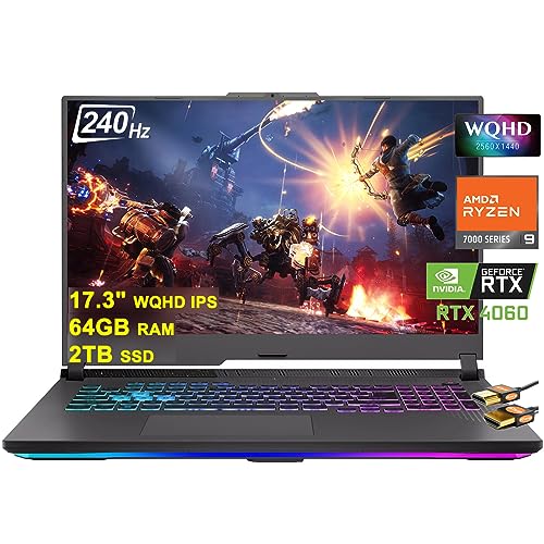 ASUS ROG Strix G17 G713 Gaming Laptop 17.3" WQHD IPS 240Hz AMD 12-Core Ryzen 9 7845HX (Beat i9-12900H) 64GB RAM 2TB SSD GeForce RTX 4060 8GB USB-C RGB Backlit Fast Charging Win11 Black + HDMI Cable