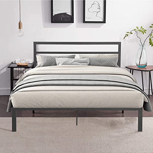 HAUSHECK Queen Size Metal Bed Frame with Headboard & 10.8" Height Under Storage Space, Noise Free Bed Frames for Kids, Teen, Adults with Strong Slat Support, Mattress Foundation, No Box Spring Needed