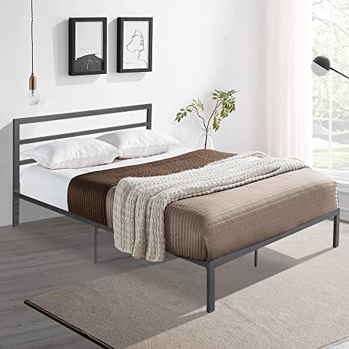 HAUSHECK Queen Size Metal Bed Frame with Headboard & 10.8" Height Under Storage Space, Noise Free Bed Frames for Kids, Teen, Adults with Strong Slat Support, Mattress Foundation, No Box Spring Needed