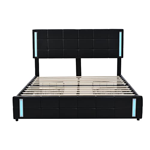 Livavege Queen Size Bed Frame with Square Headboard, LED Bed Frames with 4 Storage Drawers & USB Charging, Upholstered Platform Bed Queen with Wooden Slats Support, No Box Spring Needed