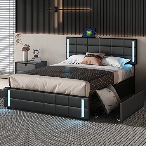 Livavege Queen Size Bed Frame with Square Headboard, LED Bed Frames with 4 Storage Drawers & USB Charging, Upholstered Platform Bed Queen with Wooden Slats Support, No Box Spring Needed