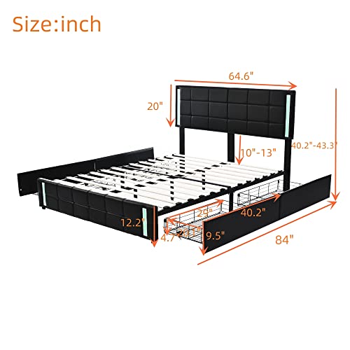 Livavege Queen Size Bed Frame with Square Headboard, LED Bed Frames with 4 Storage Drawers & USB Charging, Upholstered Platform Bed Queen with Wooden Slats Support, No Box Spring Needed