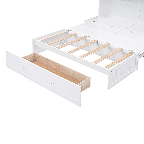 BIADNBZ Queen Size Murphy Bed with Bookcase Storage, Bedside Shelves and a Big Drawer, Wooden Platform Bedframe for Bedroom Guest Room Dorm, White