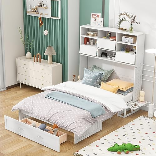 BIADNBZ Queen Size Murphy Bed with Bookcase Storage, Bedside Shelves and a Big Drawer, Wooden Platform Bedframe for Bedroom Guest Room Dorm, White