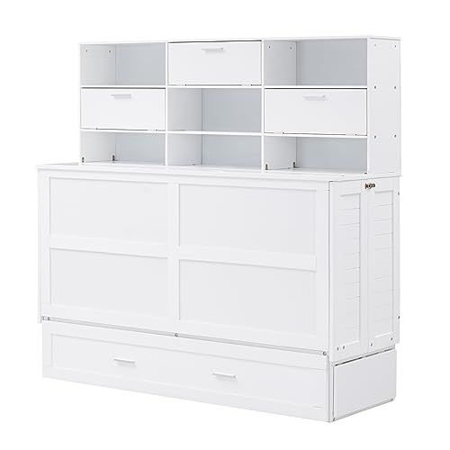 BIADNBZ Queen Size Murphy Bed with Bookcase Storage, Bedside Shelves and a Big Drawer, Wooden Platform Bedframe for Bedroom Guest Room Dorm, White