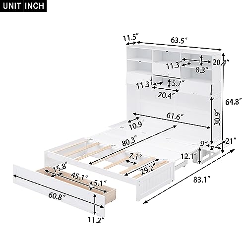 BIADNBZ Queen Size Murphy Bed with Bookcase Storage, Bedside Shelves and a Big Drawer, Wooden Platform Bedframe for Bedroom Guest Room Dorm, White