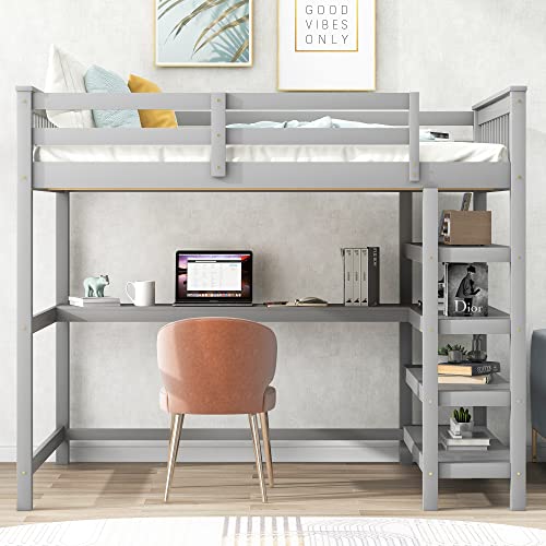 BIADNBZ Full Size Loft Bed with Desk Underneath and Storage Shelves, Wooden Versatile High LoftBed Frame for Kids Teens Adults Bedroom Dorm, Gray