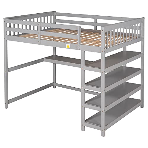 BIADNBZ Full Size Loft Bed with Desk Underneath and Storage Shelves, Wooden Versatile High LoftBed Frame for Kids Teens Adults Bedroom Dorm, Gray