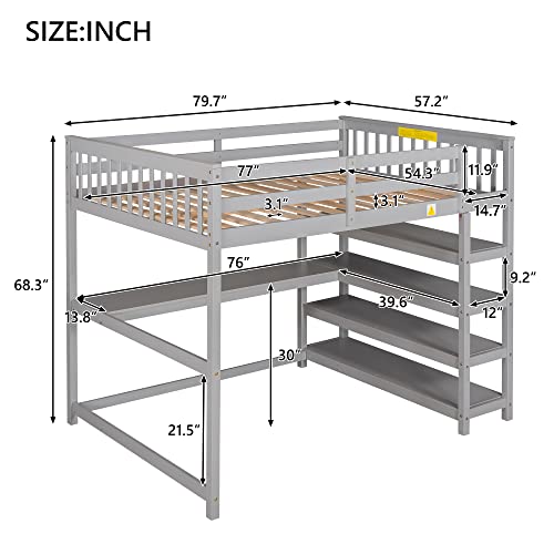 BIADNBZ Full Size Loft Bed with Desk Underneath and Storage Shelves, Wooden Versatile High LoftBed Frame for Kids Teens Adults Bedroom Dorm, Gray