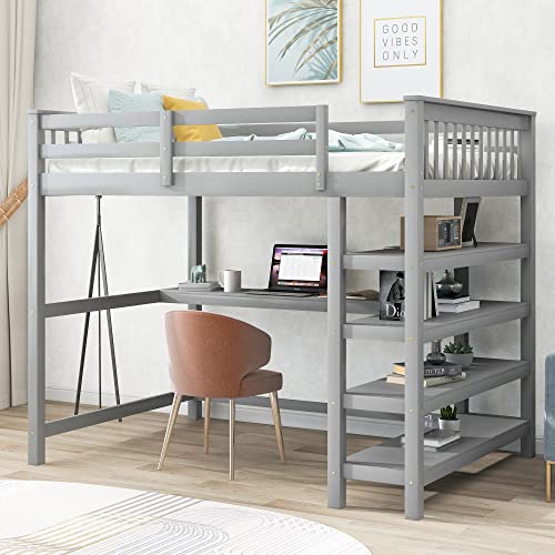 BIADNBZ Full Size Loft Bed with Desk Underneath and Storage Shelves, Wooden Versatile High LoftBed Frame for Kids Teens Adults Bedroom Dorm, Gray