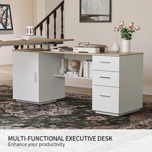 CubiCubi 63" L Shaped Executive Standing Desk with 3-Drawer File Cabinet, Electric Height Adjustable Stand up Desk for Home Office, Computer Desk with Storage Cabinets, White Frame/Light Walnut Top