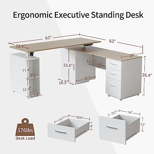 CubiCubi 63" L Shaped Executive Standing Desk with 3-Drawer File Cabinet, Electric Height Adjustable Stand up Desk for Home Office, Computer Desk with Storage Cabinets, White Frame/Light Walnut Top