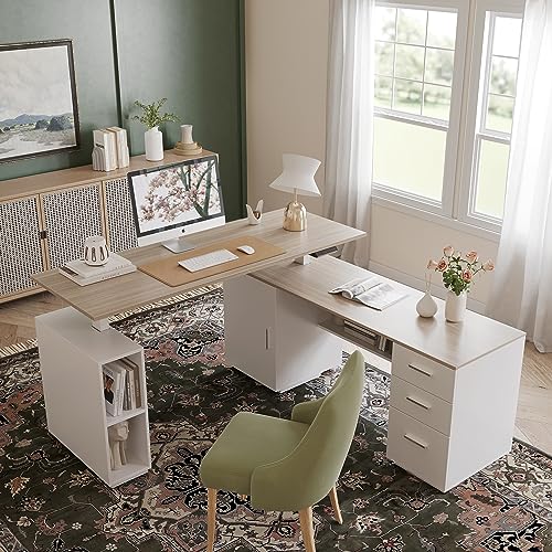 CubiCubi 63" L Shaped Executive Standing Desk with 3-Drawer File Cabinet, Electric Height Adjustable Stand up Desk for Home Office, Computer Desk with Storage Cabinets, White Frame/Light Walnut Top