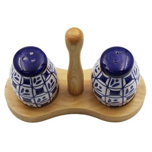 Hand-Painted Portuguese Pottery Clay Terracotta Blue Salt & Pepper Shaker Set