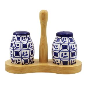 Hand-Painted Portuguese Pottery Clay Terracotta Blue Salt & Pepper Shaker Set