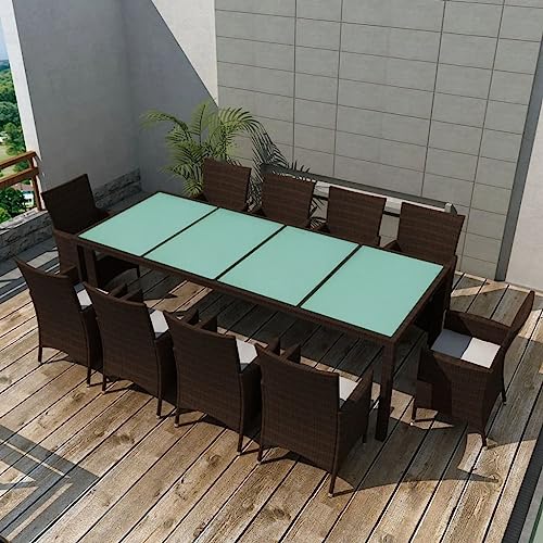 TCSGURK Patio Dining Set, Outdoor Patio Furniture Sets, Rectangular Glass Top Dining Table and Chairs with Cushions (Color : Brown, Size : 98.4" x 39.4" x 29.1")