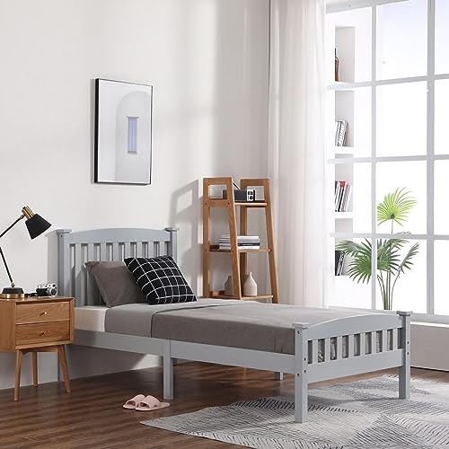 KRHINO Cap Vertical Bed Double Platform Bed Frame with slatted headboard Wooden Bed Frame with footrest, Supported by 12 Wooden slats, no Spring Box Required (White) 灰色