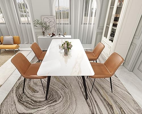 AmoUnico White Dining Table, Rectangular 63" Kitchen Table with Marble Sintered Stone Table Top and Metal Legs, Modern Dining Room Table for 6, Slate Dinner Table for Living Room or Office, Table Only