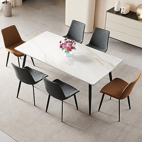 AmoUnico White Dining Table, Rectangular 63" Kitchen Table with Marble Sintered Stone Table Top and Metal Legs, Modern Dining Room Table for 6, Slate Dinner Table for Living Room or Office, Table Only