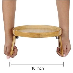 SUSOSU Breakfast Tray Side Tables Natural Bamboo Sofa Armrest Clip-On Round Tray for Remote Drinks Cup Bowl Phone Solid Wood Dessert Tea Holder