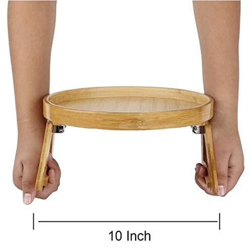 SUSOSU Breakfast Tray Side Tables Natural Bamboo Sofa Armrest Clip-On Round Tray for Remote Drinks Cup Bowl Phone Solid Wood Dessert Tea Holder