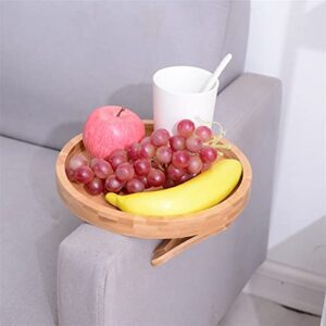 SUSOSU Breakfast Tray Side Tables Natural Bamboo Sofa Armrest Clip-On Round Tray for Remote Drinks Cup Bowl Phone Solid Wood Dessert Tea Holder