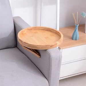 SUSOSU Breakfast Tray Side Tables Natural Bamboo Sofa Armrest Clip-On Round Tray for Remote Drinks Cup Bowl Phone Solid Wood Dessert Tea Holder