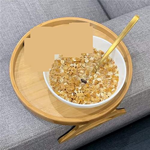 SUSOSU Breakfast Tray Side Tables Natural Bamboo Sofa Armrest Clip-On Round Tray for Remote Drinks Cup Bowl Phone Solid Wood Dessert Tea Holder