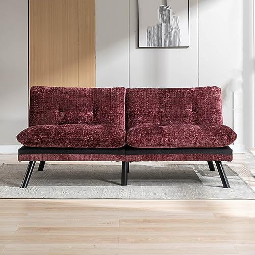 Modern Futon Loveseat Sofa Couch,71”Convertible Futons Sofa Bed for Compact Living Space,Adjustable Couch with Metal Legs,Upholstered Lounge Love Seat Bed for Living Room, Bedroom (Wine Red)