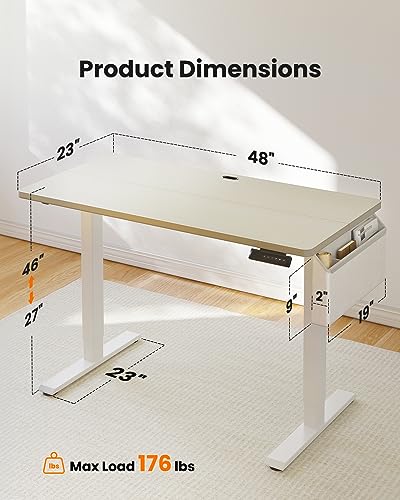 ErGear Standing Desk with Storage Pocket, 48 x 24 inch Height-Adjustable Standing Desk, Electric Standing Desk Workstation with Height Memory Presets for Home & Office, Natural Wood