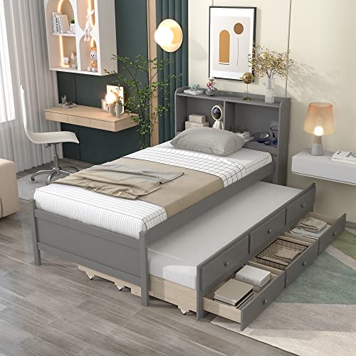 BIADNBZ Twin Bed with Trundle and Drawers,Wooden Bedframe with Storage Headboard,Bookcase for Kids Teens,No Box Spring Needed,Gray