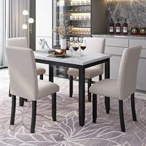 BIADNBZ 5-Piece Dining Table Set with Faux Marble Tabletop,4 Thicken Cushion Chairs for Kitchen Room Furniture, White+Black