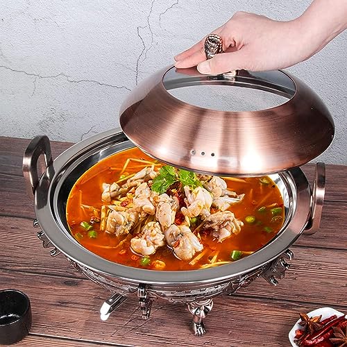 Round Chafing Dish Set for Wedding Banquets Party, Stainless Steel Chafing Buffet Server Warming Tray, with Food Pan, Frame, Lid and Fuel Holder (Color : Red Copper, Size : 30cm)