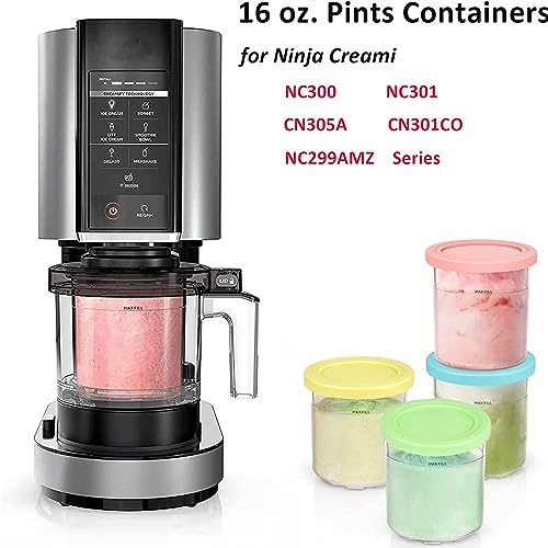 EVANEM 2/4/6PCS Creami Deluxe Pints, for Ninja Creami Deluxe,16 OZ Ice Cream Pints Cup Safe and Leak Proof for NC301 NC300 NC299AM Series Ice Cream Maker,Pink+Blue-6PCS