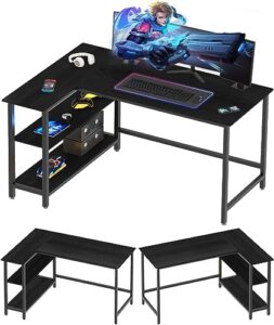 woodynlux l shaped computer desk - home office desk with shelf, gaming desk corner table for work, writing and study, space-saving, black