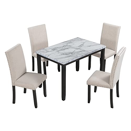 Dinehome 5-Piece Faux Marble Dining Table Set for 4, with Four Thicken Cushion Chairs for Kitchen Room, White/Beige+Black