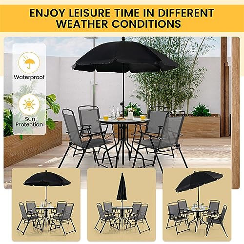 TKFDC 6 PCS Patio Dining Set Folding Chairs Glass Table Tilt Umbrella Garden