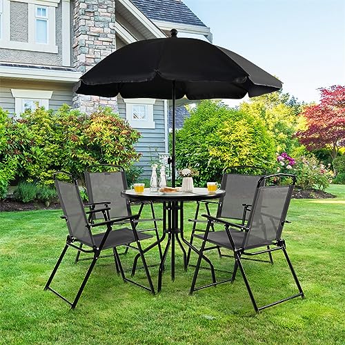 TKFDC 6 PCS Patio Dining Set Folding Chairs Glass Table Tilt Umbrella Garden