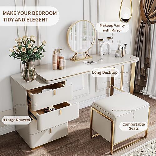 Larmliss Vanity Dresser with Mirror, 4 Drawers Makeup Table, Dressing Table Set with Stool & Cabinet, for Bedroom