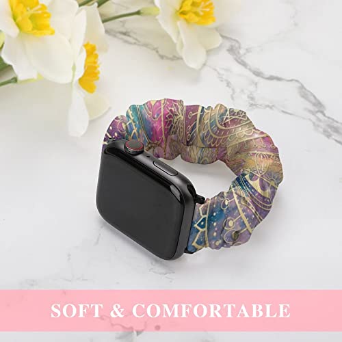 Stylish Gold Mandala Watercolor & Nebula Colorful Compatible for Apple Watch Band 38/40/41mm,42/44/45mm Cloth Pattern Polyester Elastic Women Breathable Scrunchy Bands for IWatch Series SE 8 7 6 5 4 3