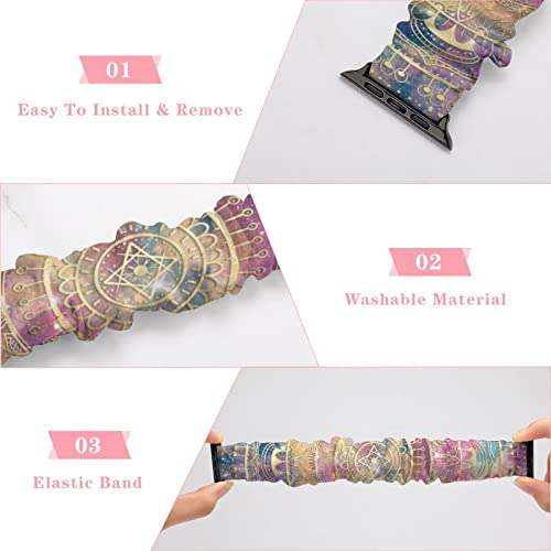 Stylish Gold Mandala Watercolor & Nebula Colorful Compatible for Apple Watch Band 38/40/41mm,42/44/45mm Cloth Pattern Polyester Elastic Women Breathable Scrunchy Bands for IWatch Series SE 8 7 6 5 4 3