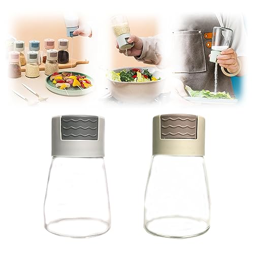 Salt And Pepper Shakers Precise Quantitative Push Type, Spices Precise Quantitative Each Press 0.5g, Suitable for Home Kitchen, Picnic, Camping (Green+Beige)